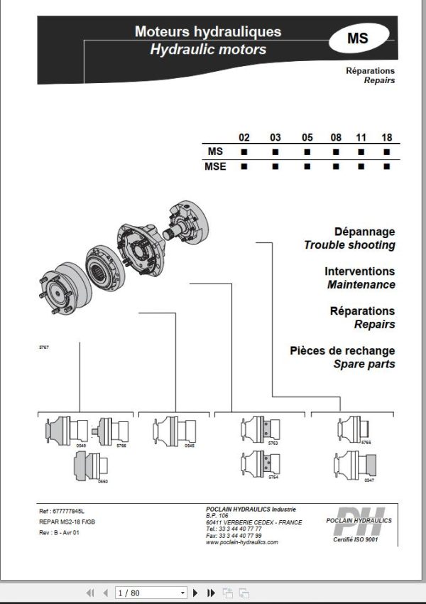 Poclain Hydraulic Motors MS02 to MSE18 Service Manual 917122 FR EN