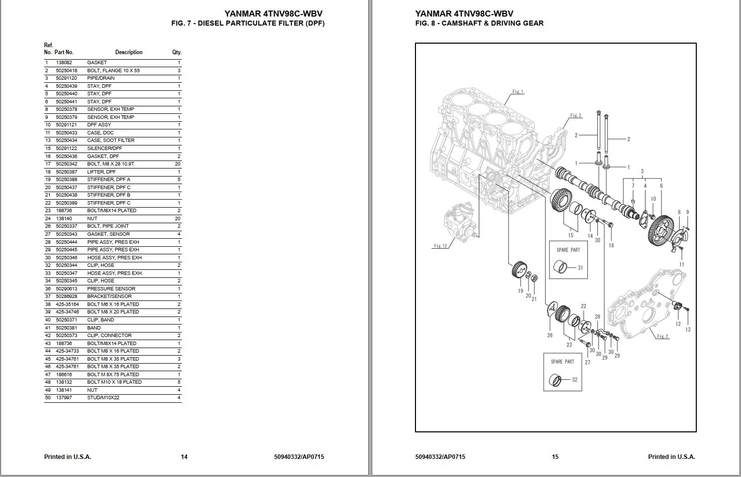 Yanmar Engine 4TNV98C-WBV Parts Manual 50940332A