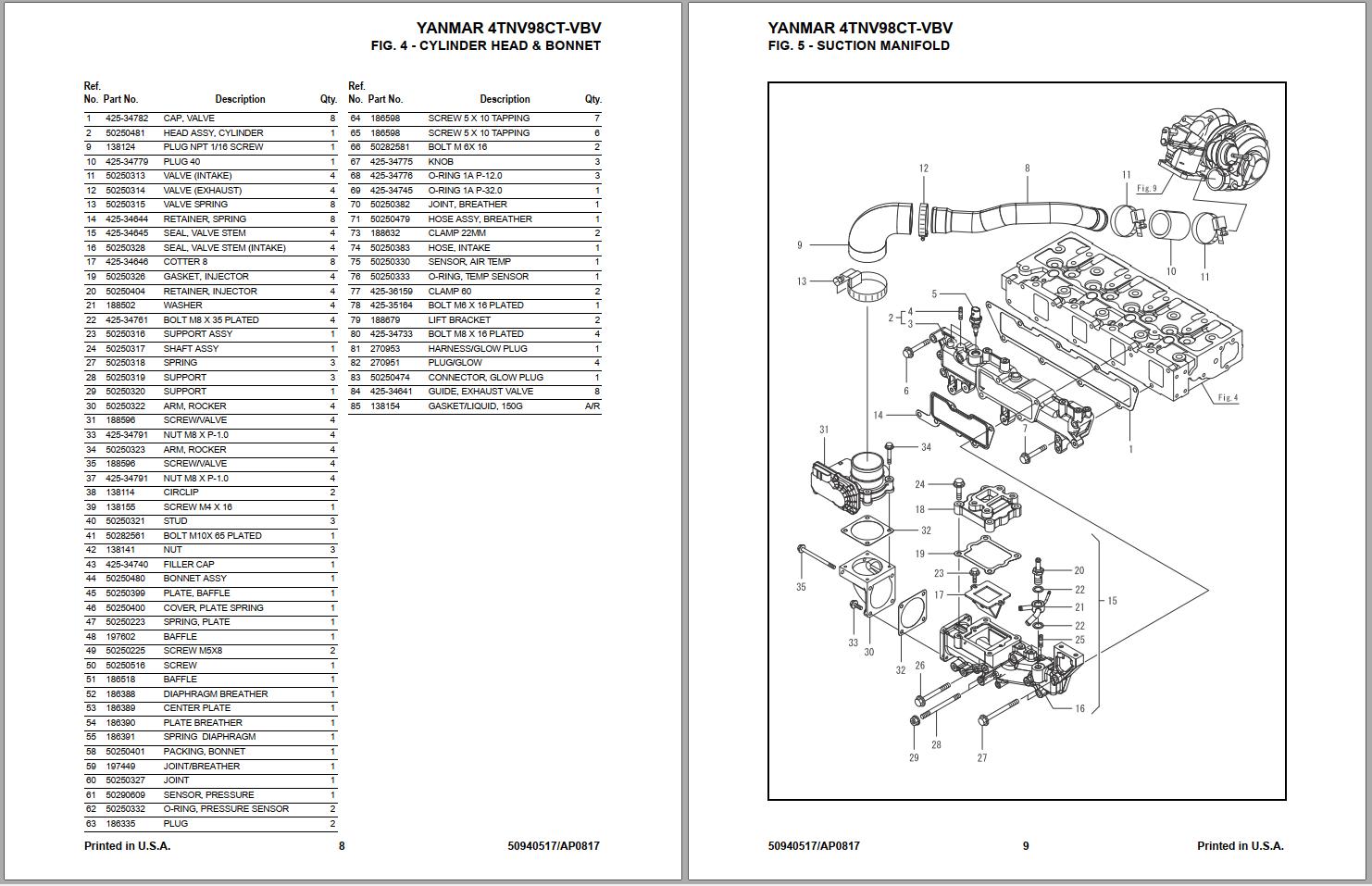Yanmar Engine 4TNV98CT-VBV Parts Manual 50940517A