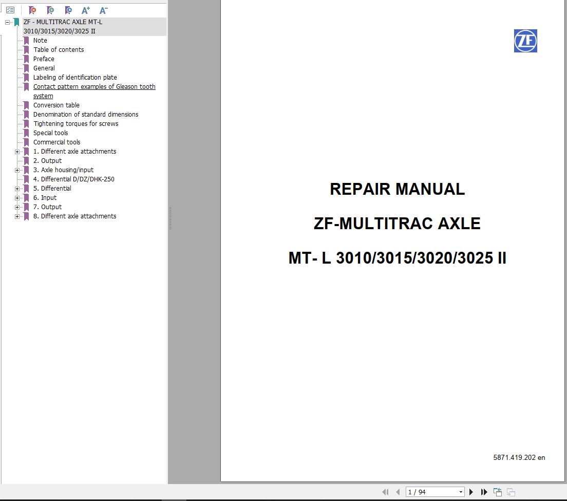 ZF Multitrac Axle MT-L3010II to MT-L3025II Service Manual 50940485