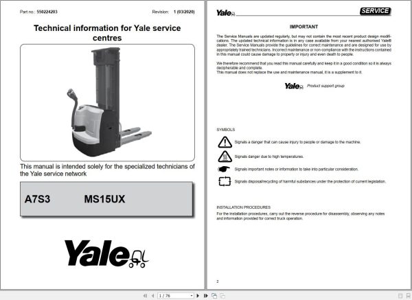 Yale Forklift A7S3 (MS15UX) Service Operation Manual