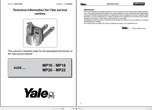 Yale Forklift A428 (MP16 - MP18 - MP20 - MP22) Service Manual