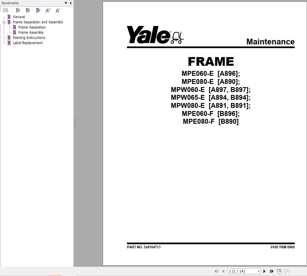 Yale Forklift A890 (MPE080E) Service Manual