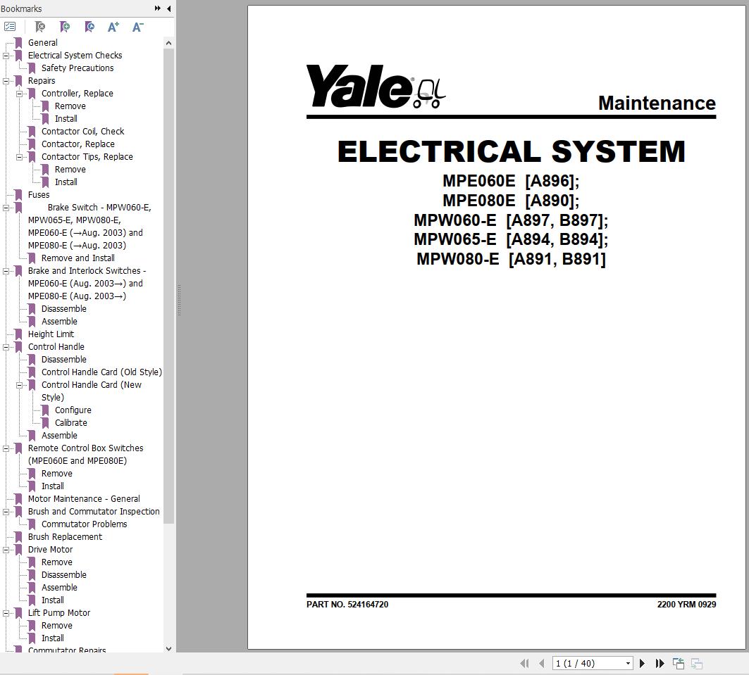 Yale Forklift A890 (MPE080E) Service Manual