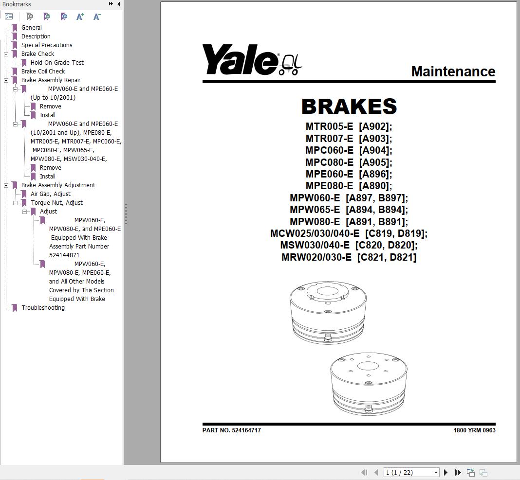 Yale Forklift A891 (MPW080E) Service Manual