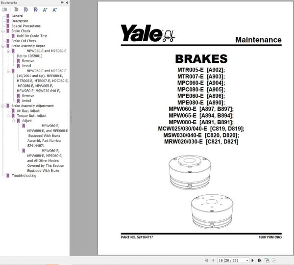 Yale Forklift A905 (MPC080-E) Service Manual