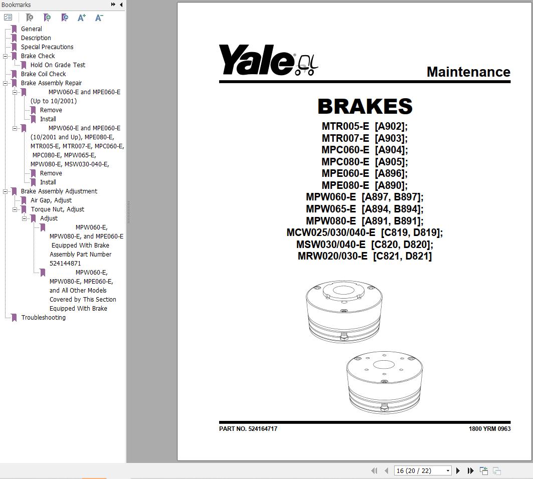Yale Forklift A905 (MPC080-E) Service Manual