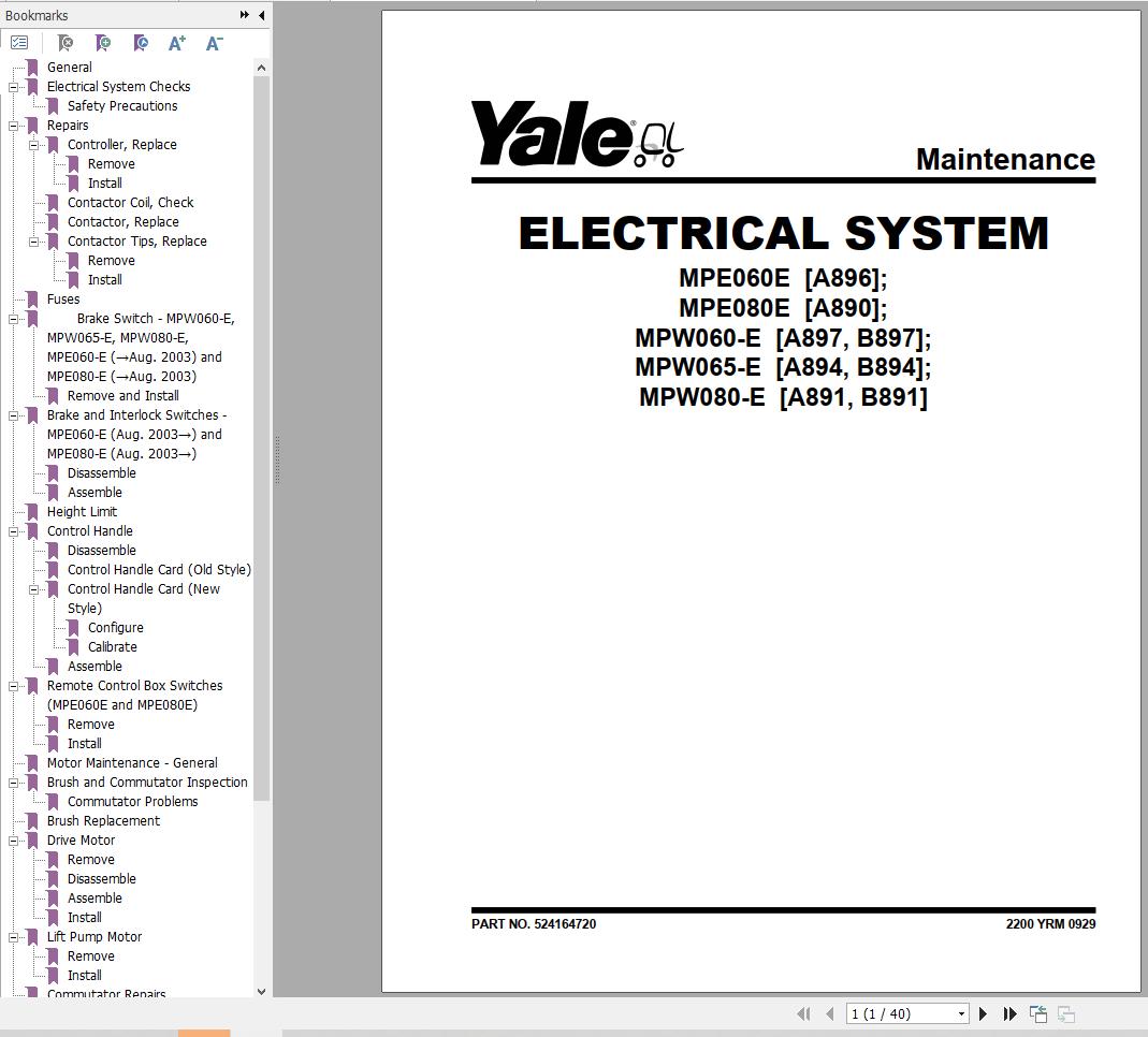 Yale Forklift B894 (MPW064E) Service Manual