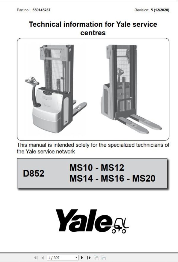 Yale Forklift D852 (MS10 - MS12 - MS14 - MS16 - MS20) Service Manual