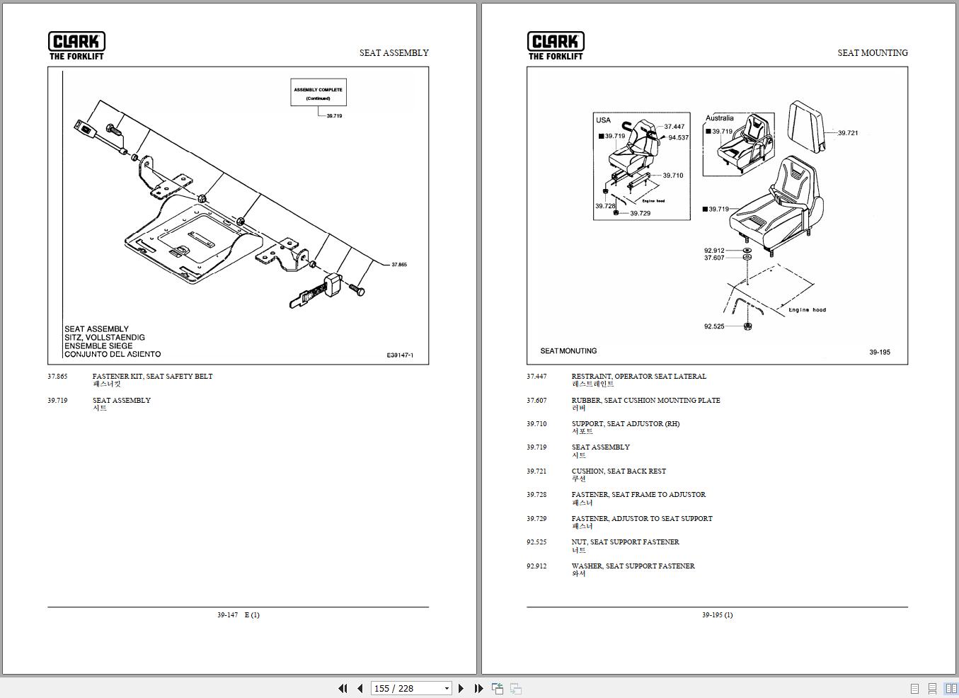 Clark Forklift CQ20 25 30 L Parts Manual