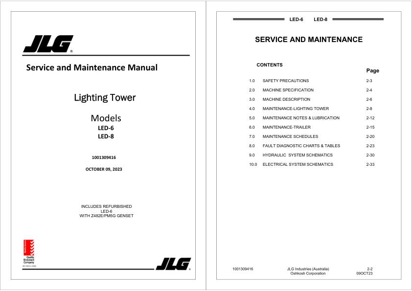 JLG Light Towers LED-6 and LED-8 Service Maintenance Manual 1001309416 2023
