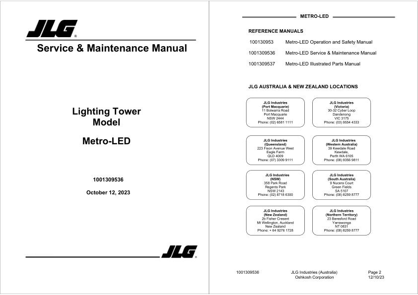 JLG Light Towers Metro-LED Service Maintenance Manual 1001309536 2023