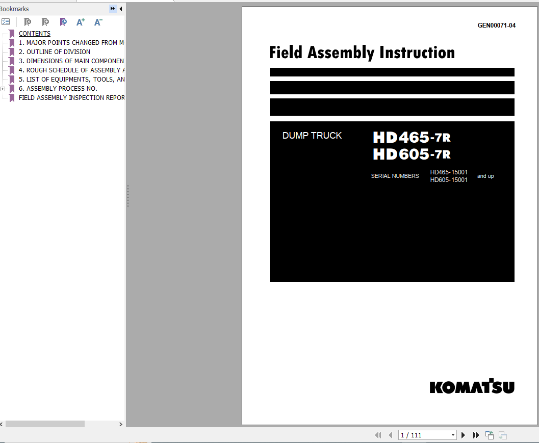 Komatsu Dump Truck HD Series PDF Operation Maintenance Manual Assembly ...