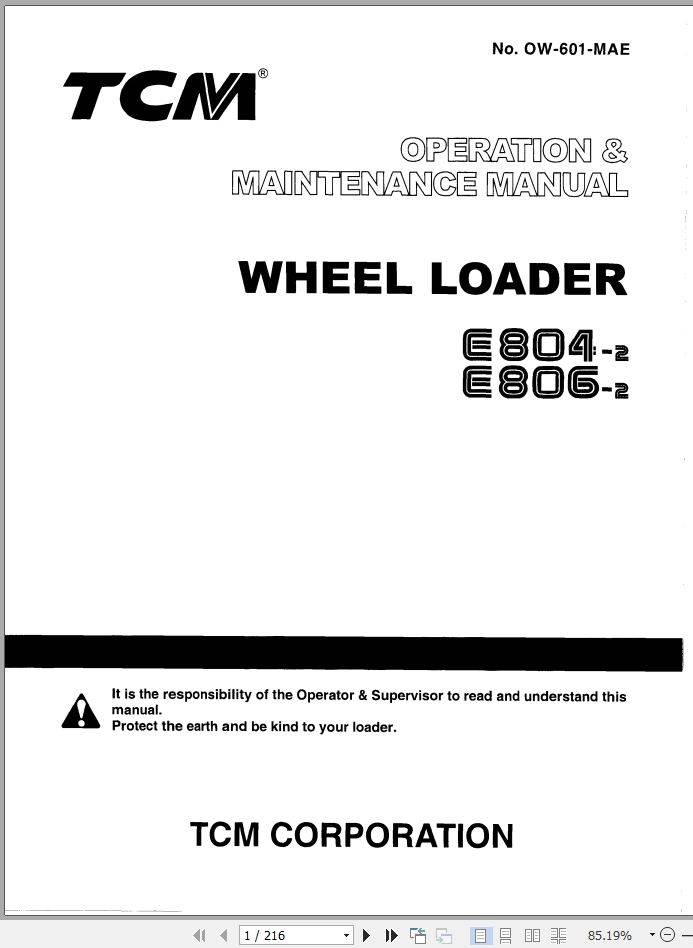 TCM Wheel Loader E804-2 E806-2 Operation Maintenance Manual OW-601-MAE