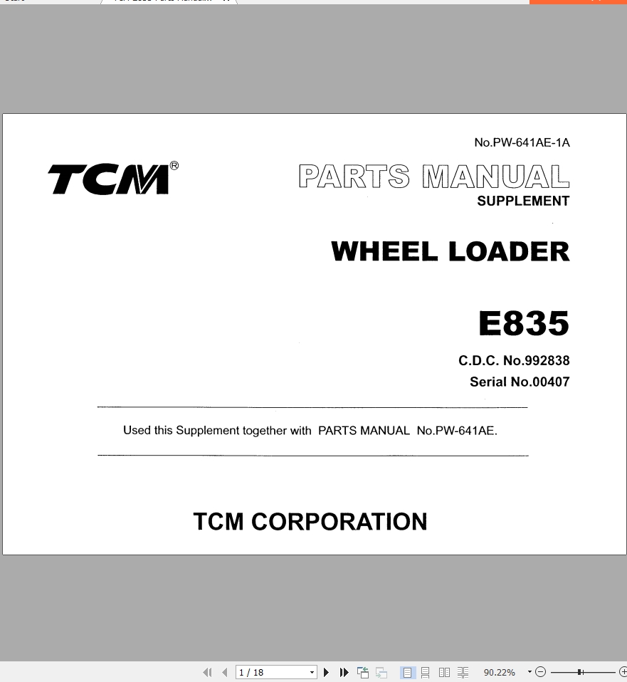 TCM Wheel Loader E835 Parts Manual Supplement PW-641AE-1A