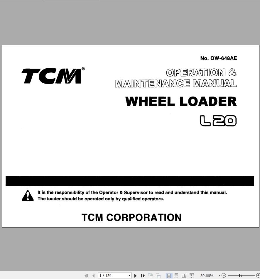 TCM Wheel Loader L20 Operation Maintenance Manual OW-648AE