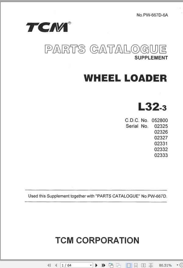 TCM Wheel Loader L32-3 Parts Catalogue Supplement PW-667D-6A
