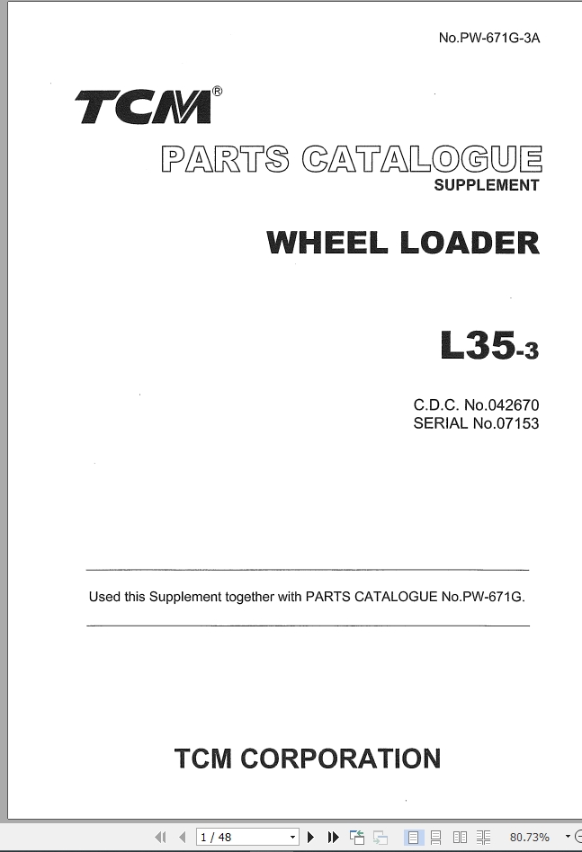 TCM Wheel Loader L35-3 Parts Catalogue Supplement PW-671G-3A