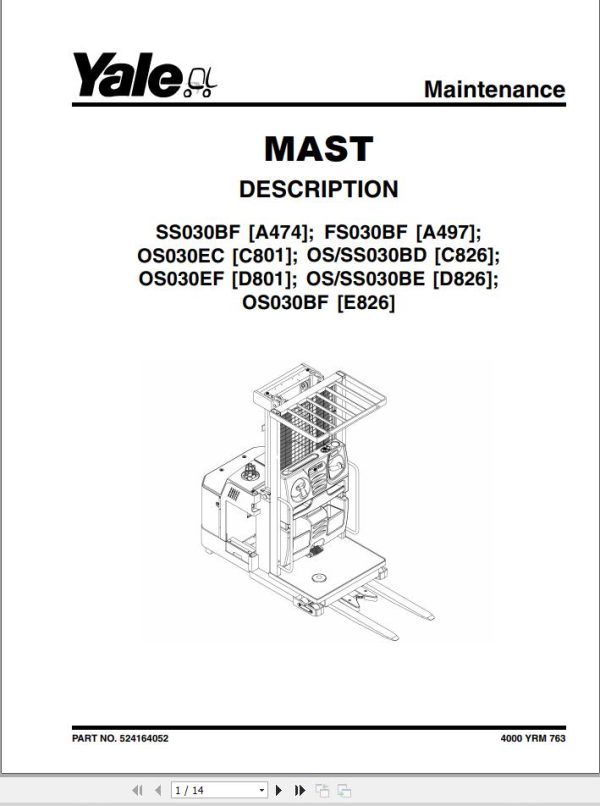 Yale Forklift A474 (SS030BF) Service Manual