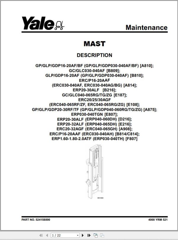 Yale Forklift A875 (GPGLP050-060ZG) Service Manual 02.2023
