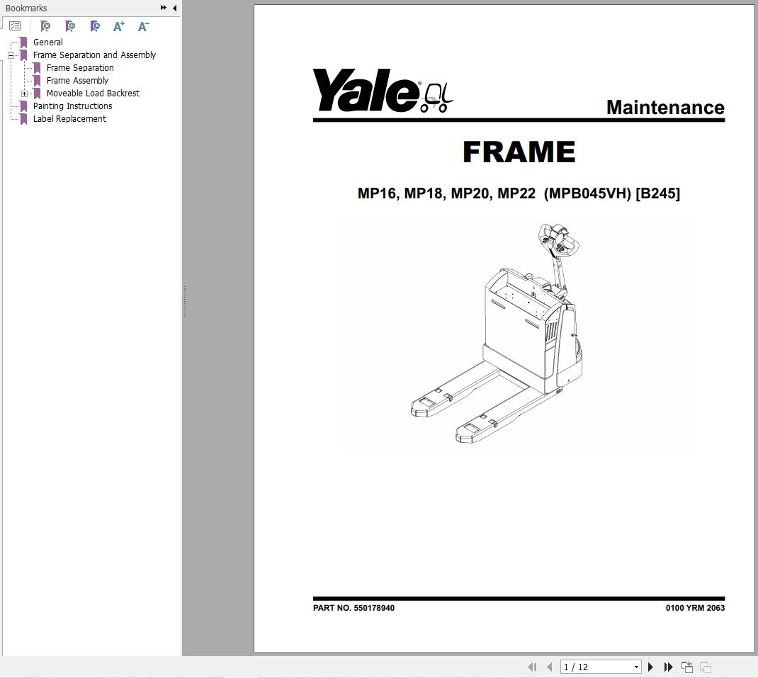 Yale Forklift B245 (MP16, MP18, MP20, MP22 (MPB045VH)) NEW Service Manual