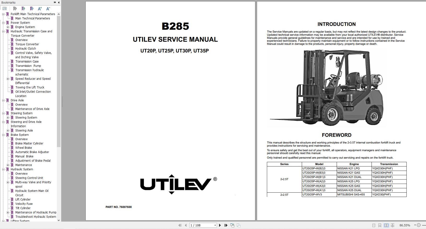 Yale Forklift B285 (UT20P, UT25P, UT30P, UT35P) Service Manual 04.2022