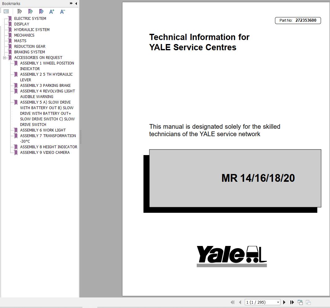 Yale Forklift B849 (MR14-MR15H-MR16-MR18-MR20) Service Manual