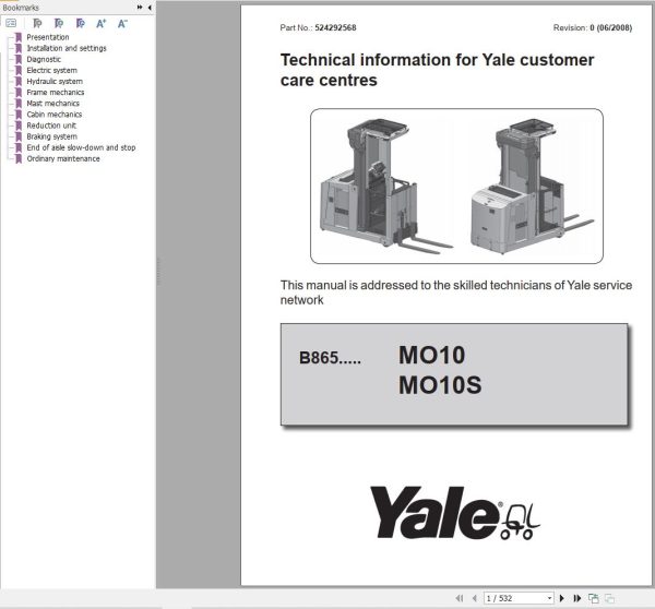 Yale Forklift B865 (MO10 - MO10S - MO10S WP) Service Manual