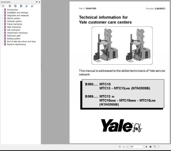 Yale Forklift B868 (MTC10 - MTC13 - MTC13 LWB [NTA030SB]) Service Manual
