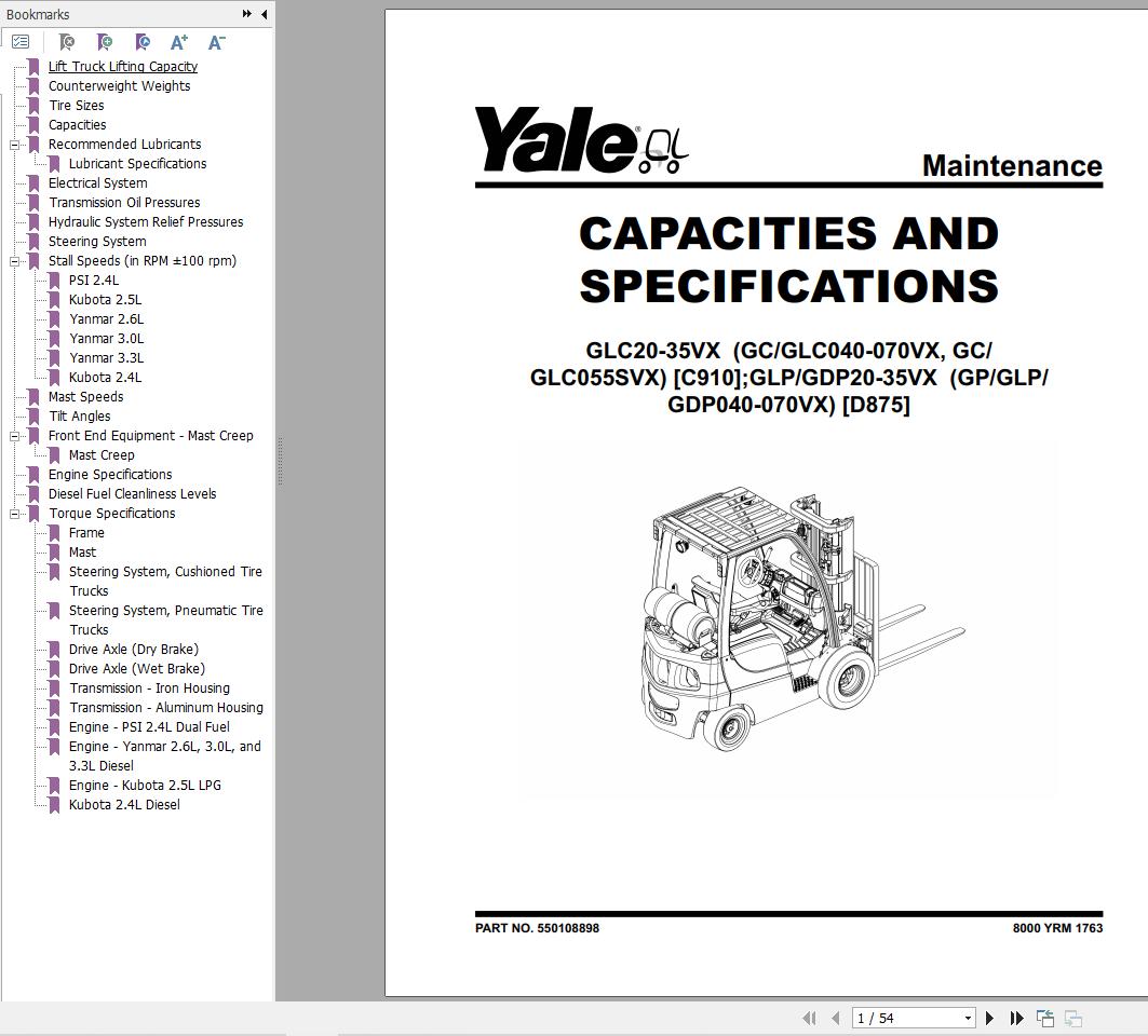 Yale Forklift D875 (GLPGDP20VX to GLPGDP35VX Europe) Service Manual