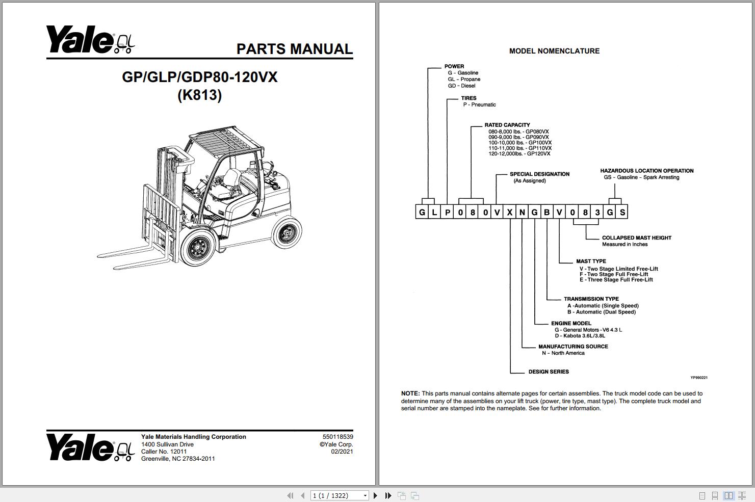 Yale Forklift GP GLP GDP 80-120vx (K813) Parts Manual 550118539
