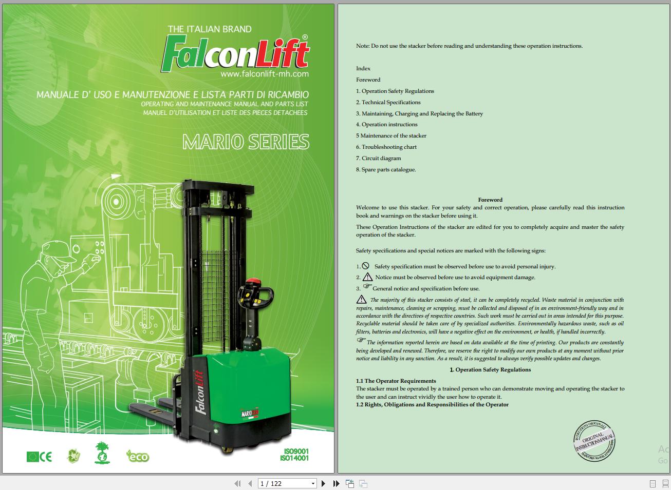 Falconlift Forklift Collection Operating and Maintenance Manual and ...