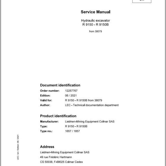 Liebherr Hydraulic Excavator R9150 R9150B Service Manual 38079 09.2021