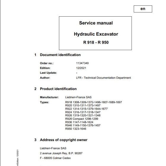 Liebherr Hydraulic Excavator R914 Rail Service Manual 12243775 10.2020