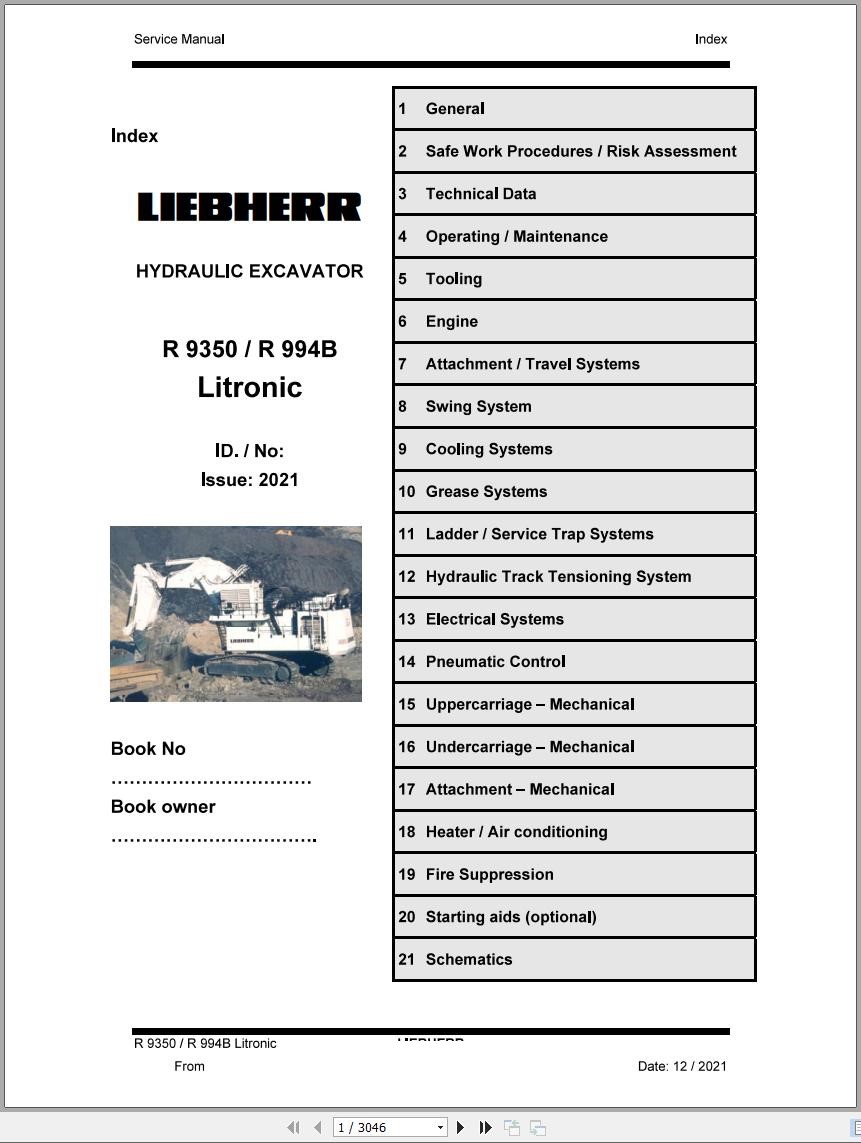 Liebherr Hydraulic Excavator R9350 R994B Litronic Service Manual 12.2021