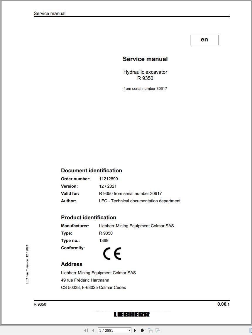 Liebherr Hydraulic Excavator R9350 Service Manual 30617 12.2021