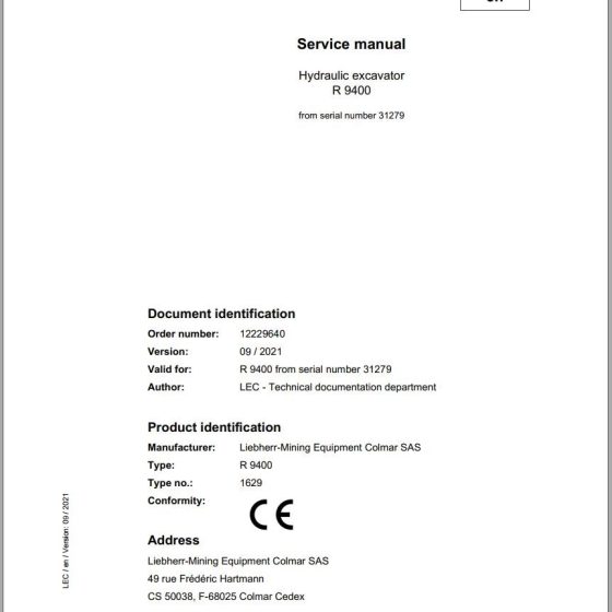 Liebherr Hydraulic Excavator R9400 Service Manual 31279 06.2021