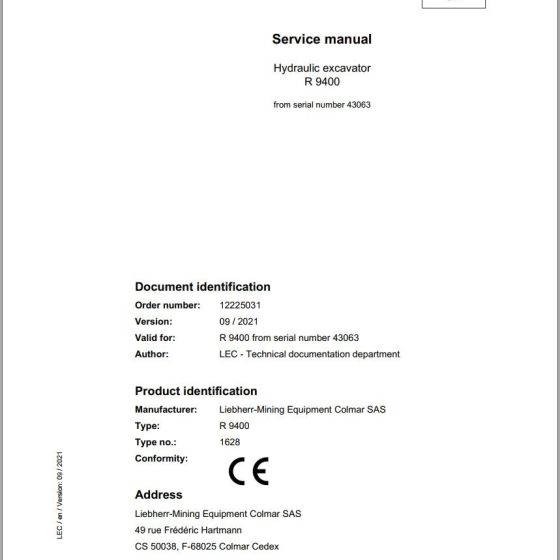 Liebherr Hydraulic Excavator R9400 Service Manual 43063 06.2021