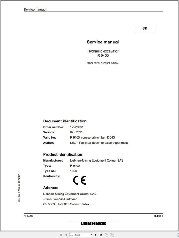 Liebherr Hydraulic Excavator R9400 Service Manual 43063 09.2021