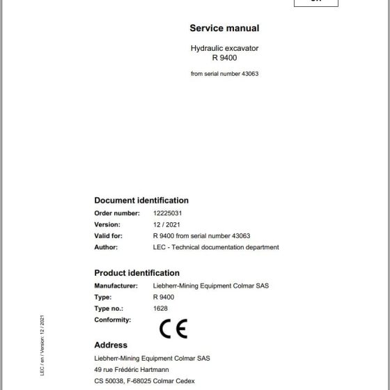 Liebherr Hydraulic Excavator R9400E Service Manual 30619 06.2021