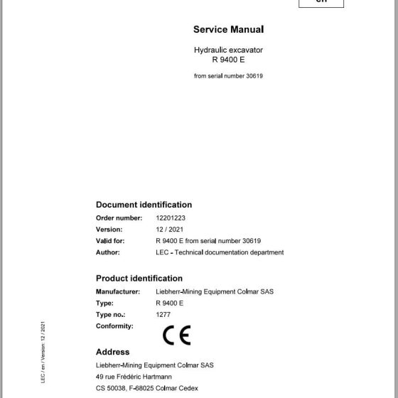 Liebherr Hydraulic Excavator R9400E Service Manual 30619 09.2021