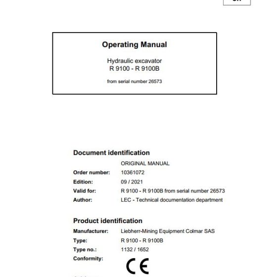 Liebherr Mining Crawler Excavators R996B Operating Manual 2021