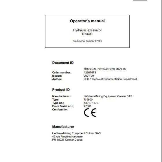 Liebherr Mining Crawler Excavators R9400-US Operating Manual 2021