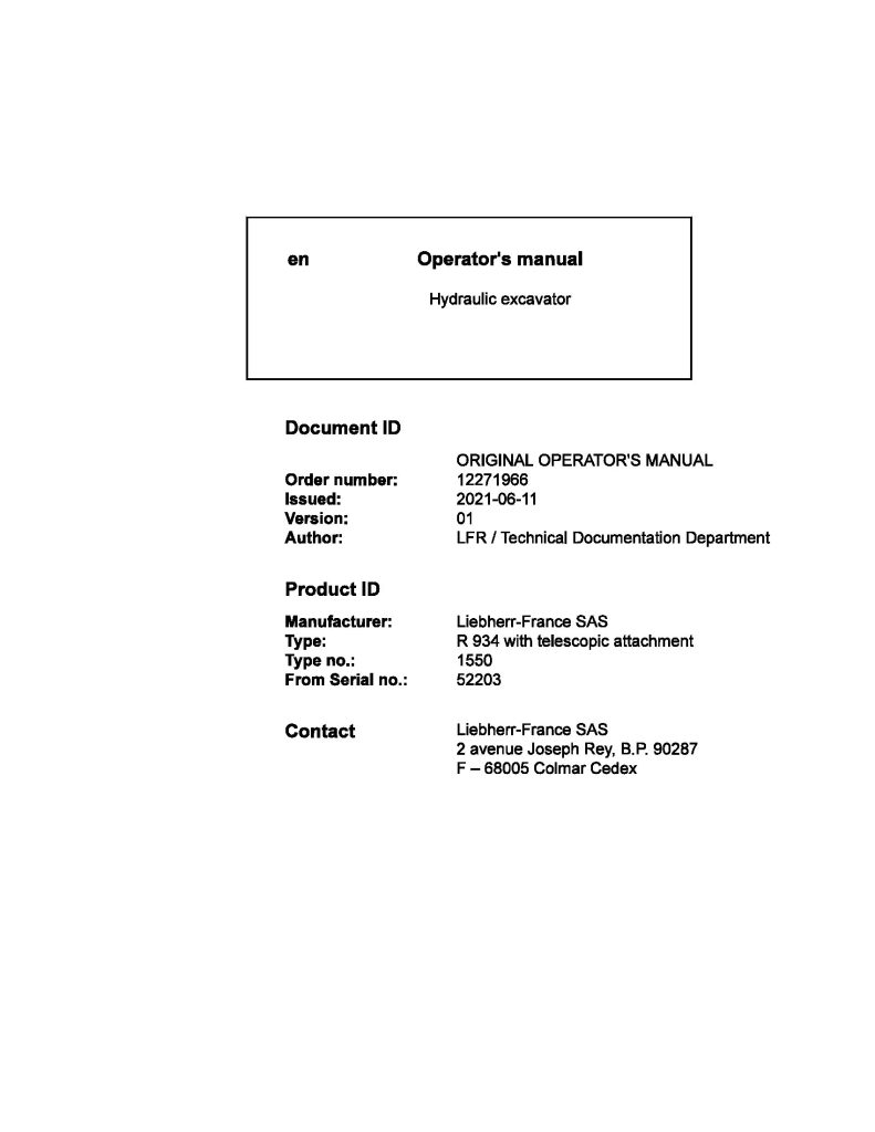 Liebherr Wheeled Excavator R934 Operator Manual 12271966 2021