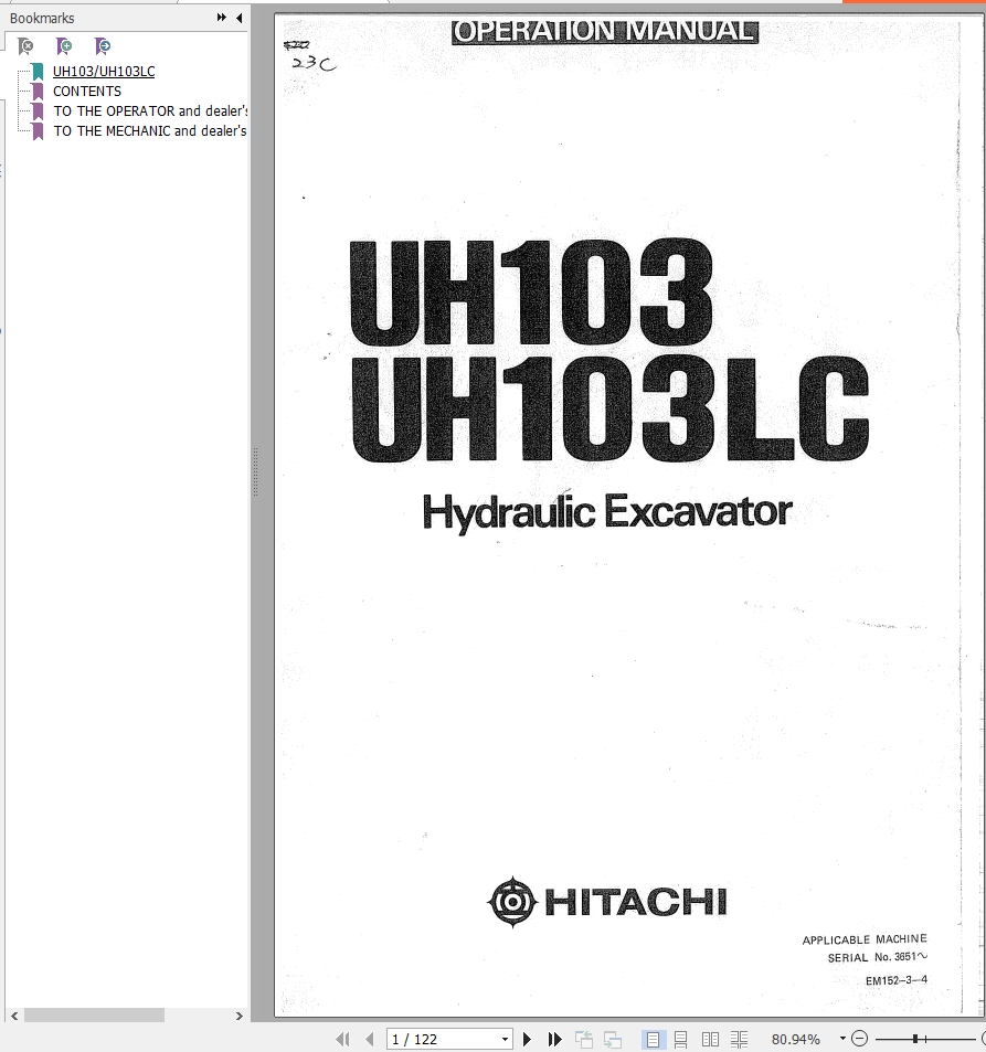 Hitachi Hydraulic Excavator UH103LC Operation Manual