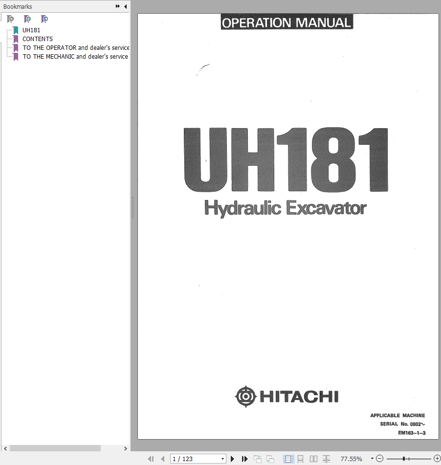 Hitachi Hydraulic Excavator UH181 Operation Manual EM163-1-3