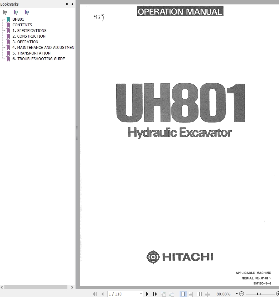Hitachi Hydraulic Excavator UH801 Operation Manual EM180-1-4