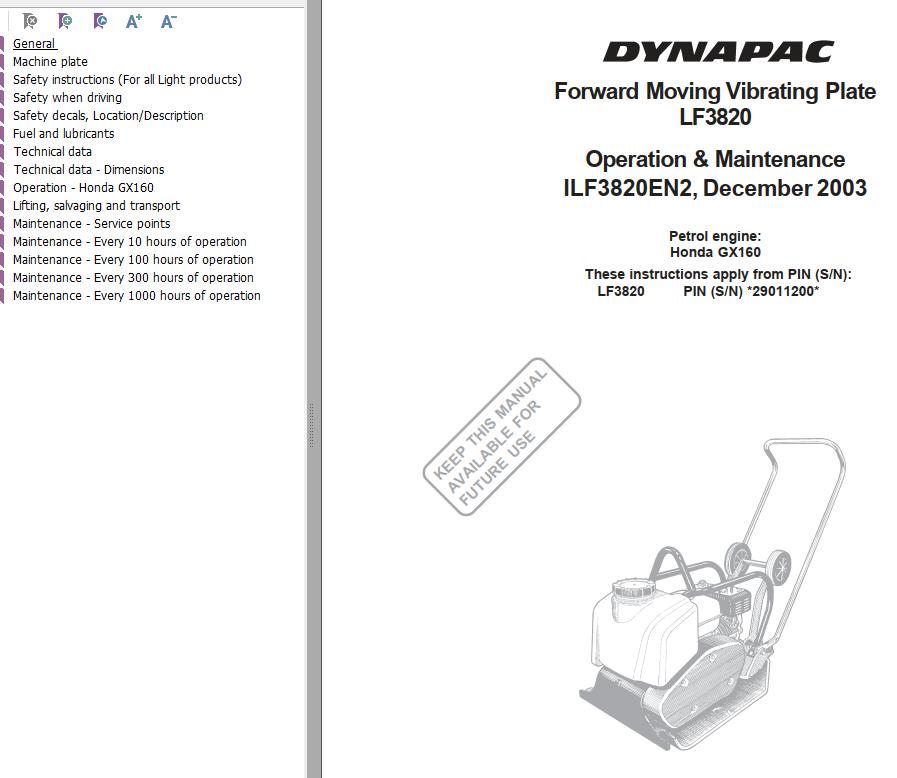 Dynapac Vibratory Plate LF3820 Parts Operation Maintenance Manual