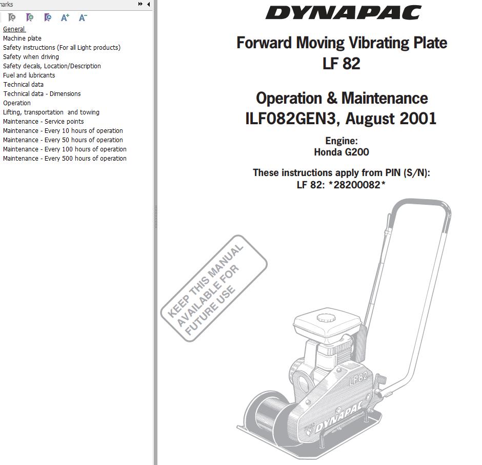 Dynapac Vibratory Plate LF82 Parts Operation Maintenance Manual