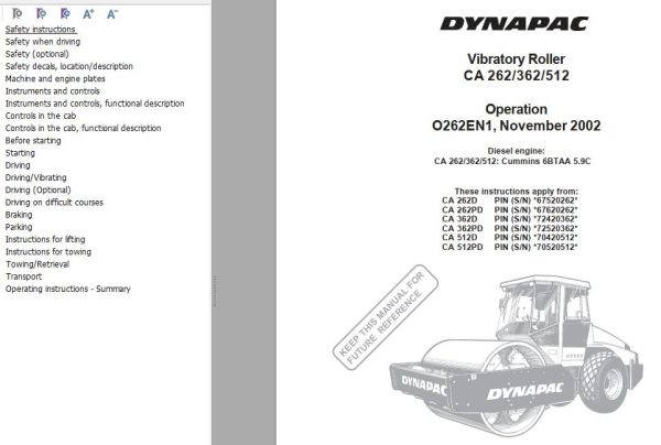 Dynapac Vibratory Roller CA262 CA362 CA512 Operation Manual